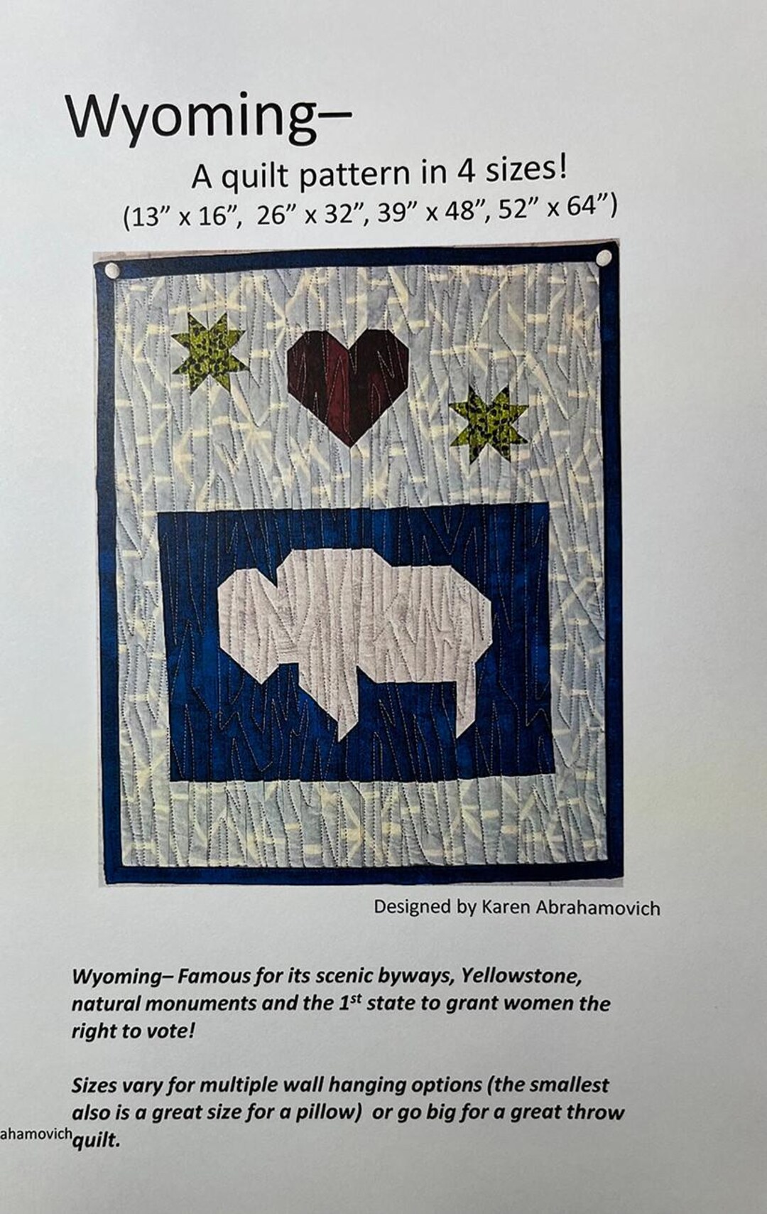 State of Wyoming Quilt Quilting Pattern From Karen Abrahamovich BRAND ...