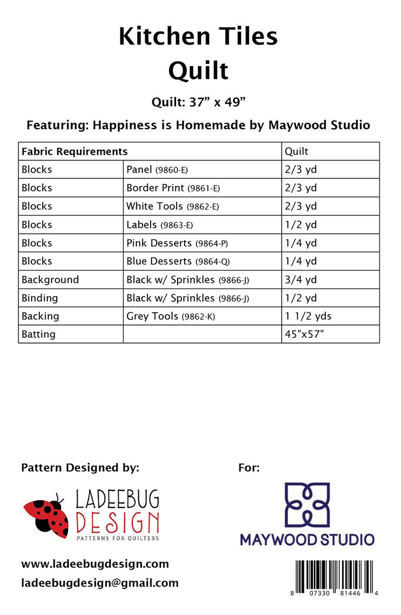 Kitchen Tiles Quilt Quilting Pattern, From Ladeebug Designs BRAND NEW ...