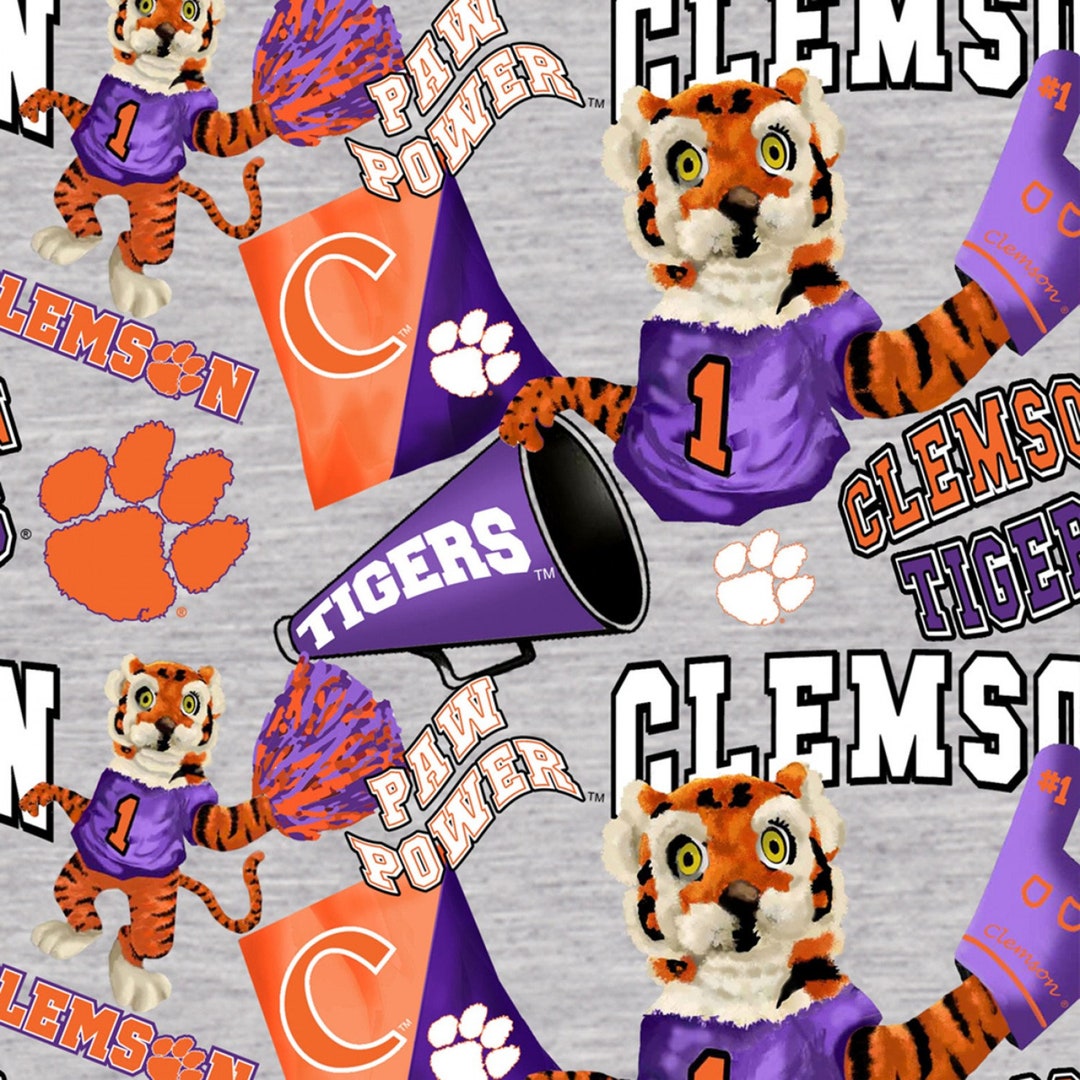 The University of Clemson Tigers Mascots Allover on Gray Cotton Fabric ...