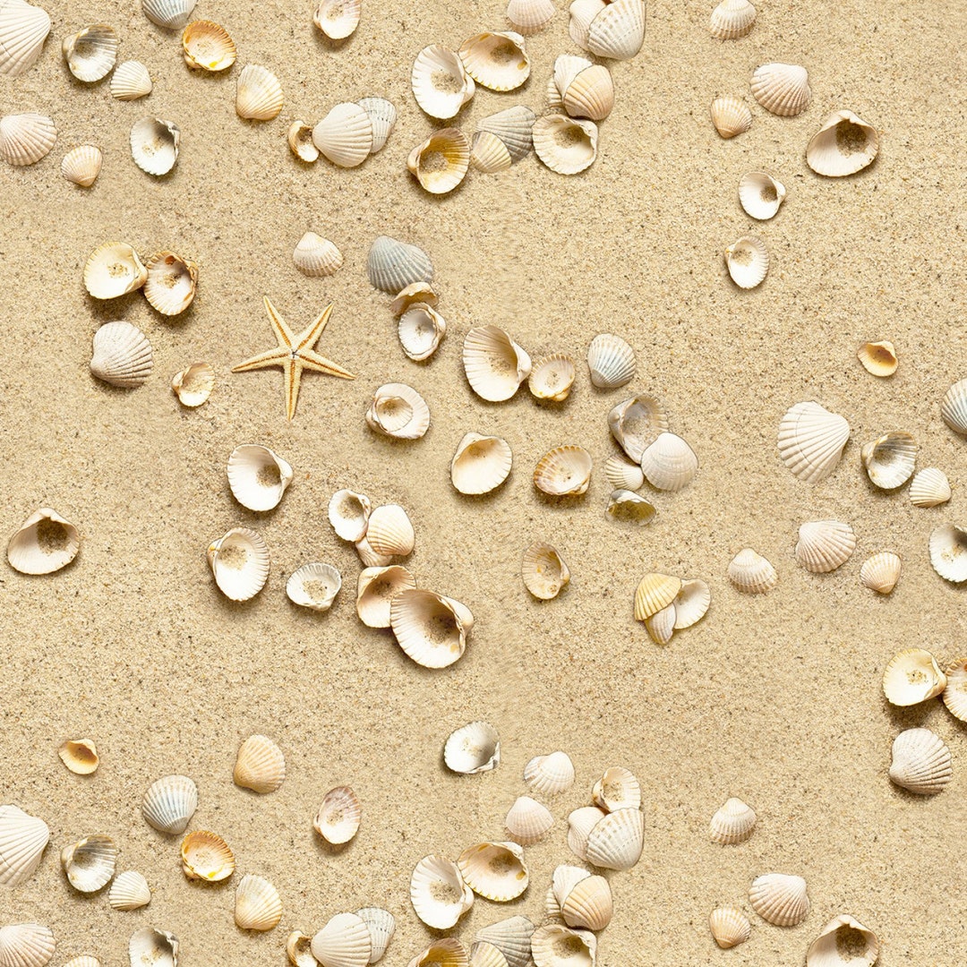 Landscape Medley Beach Sand and Shells on Beige Cotton Fabric, From ...