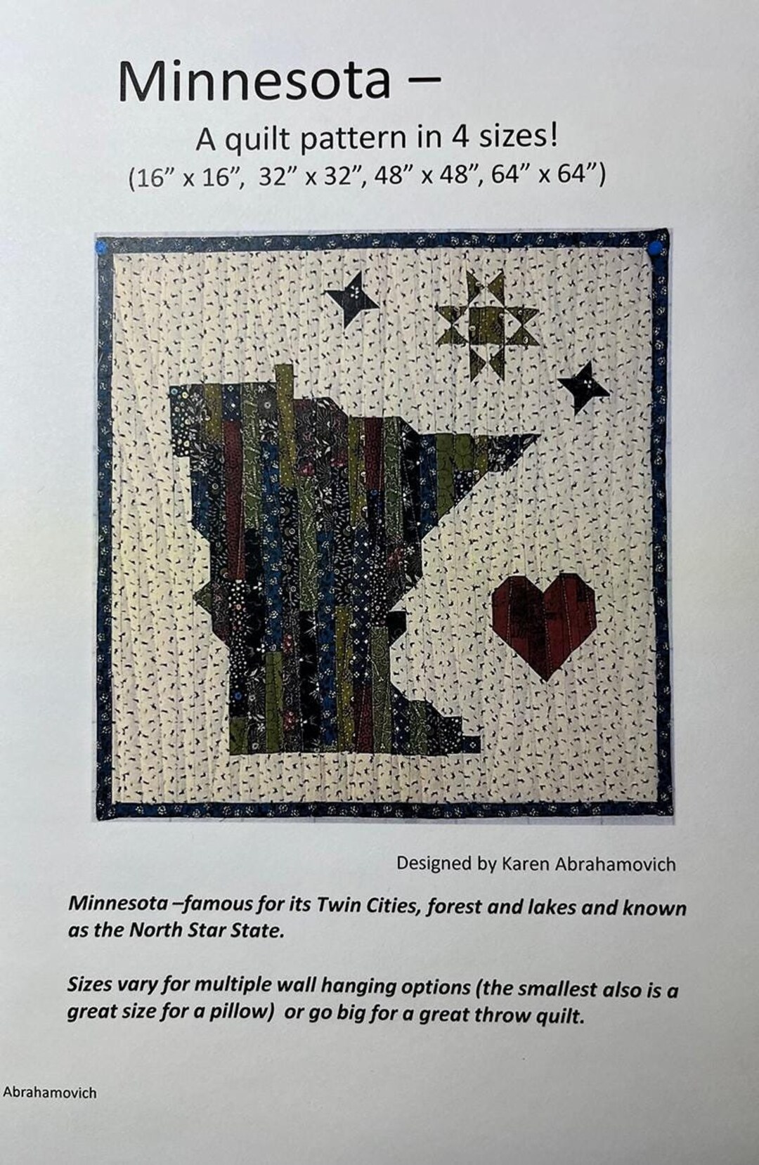 State of Minnesota Quilt Quilting Pattern From Karen Abrahamovich BRAND ...