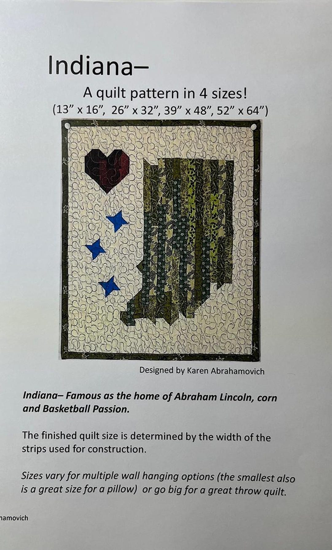 State of Indiana Quilt Quilting Pattern From Karen Abrahamovich BRAND ...