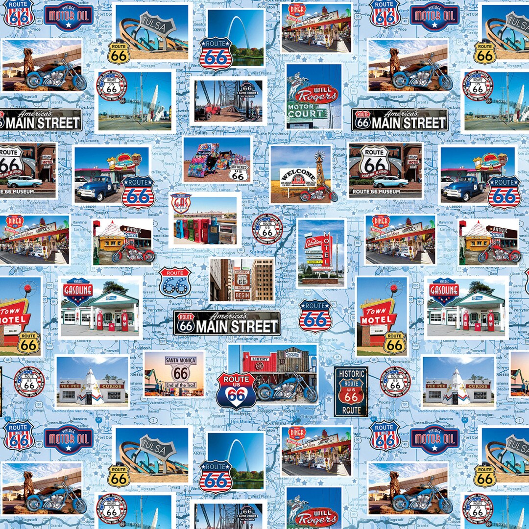 Route 66 Landmarks Map Vintage Cars on Blue Woven Cotton Fabric Priced ...
