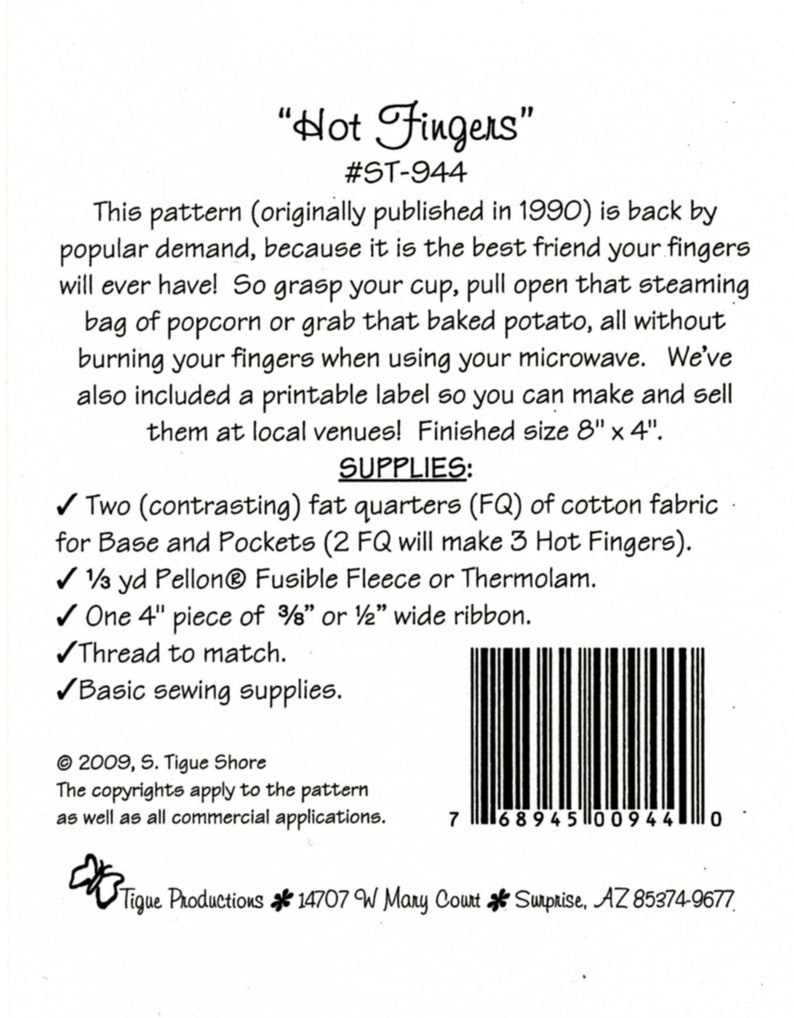 Hot Fingers Microwave Oven-mitts Sewing Pattern, From Susie C. Shore ...