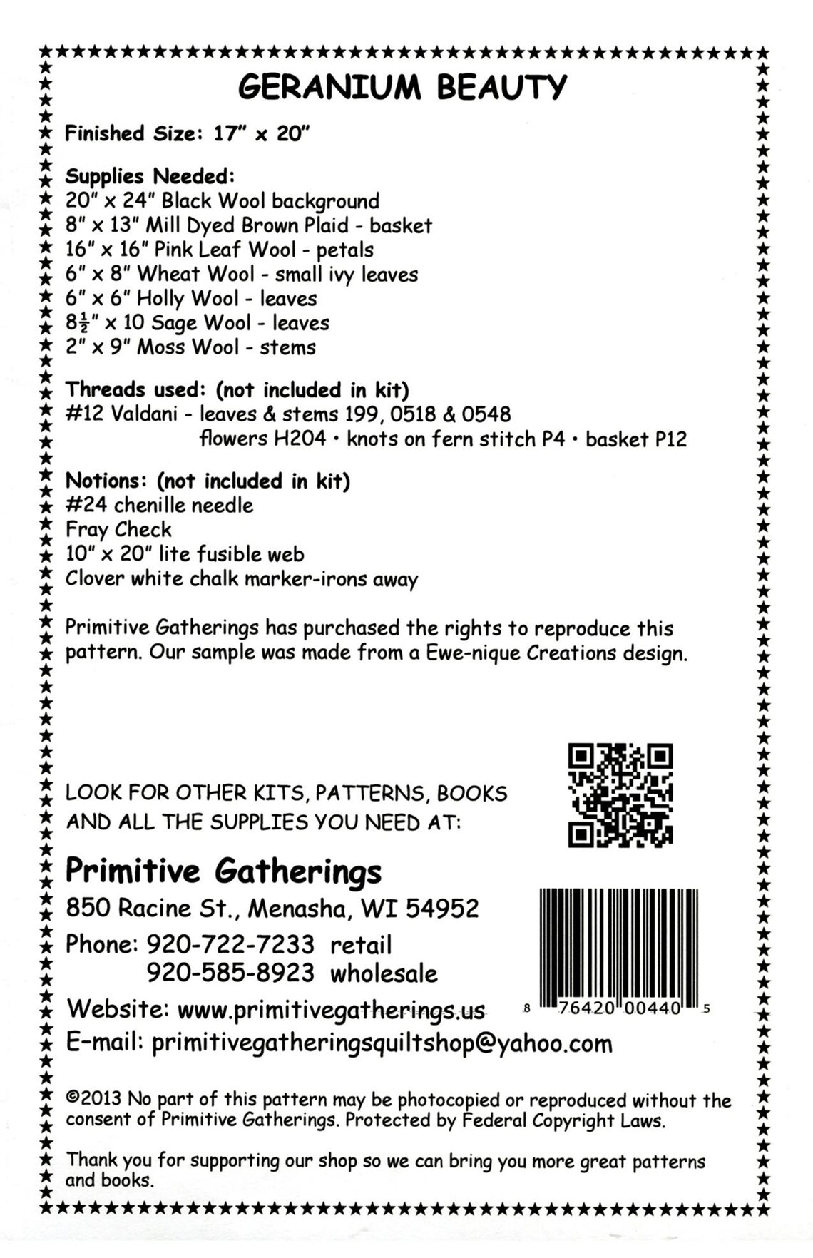 Geranium Beauty Craft Sewing Pattern, From Primitive Gatherings, BRAND ...