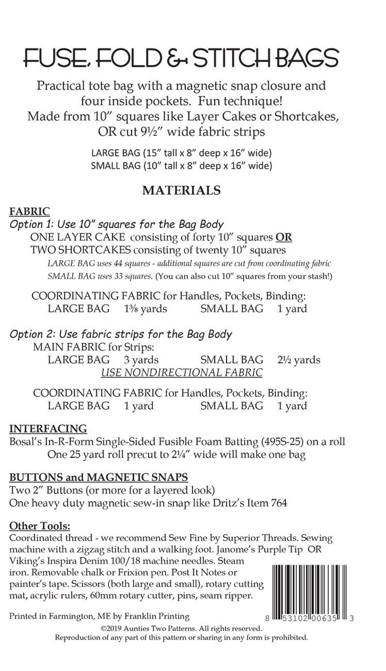 Fuse Fold & Stitch Bags Sewing Pattern From Aunties Two - Etsy