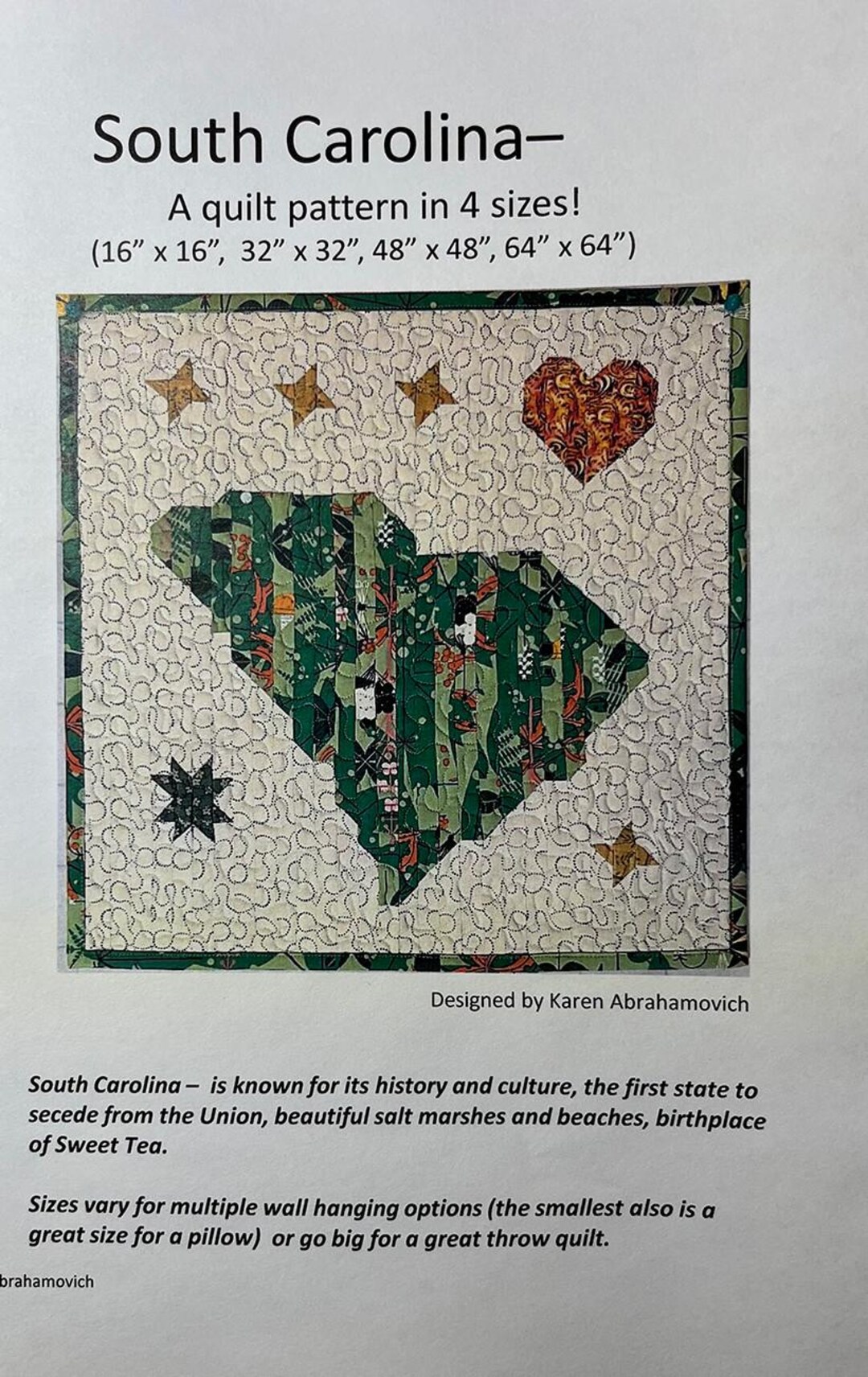 State of South Carolina Quilt Quilting Pattern From Karen Abrahamovich ...