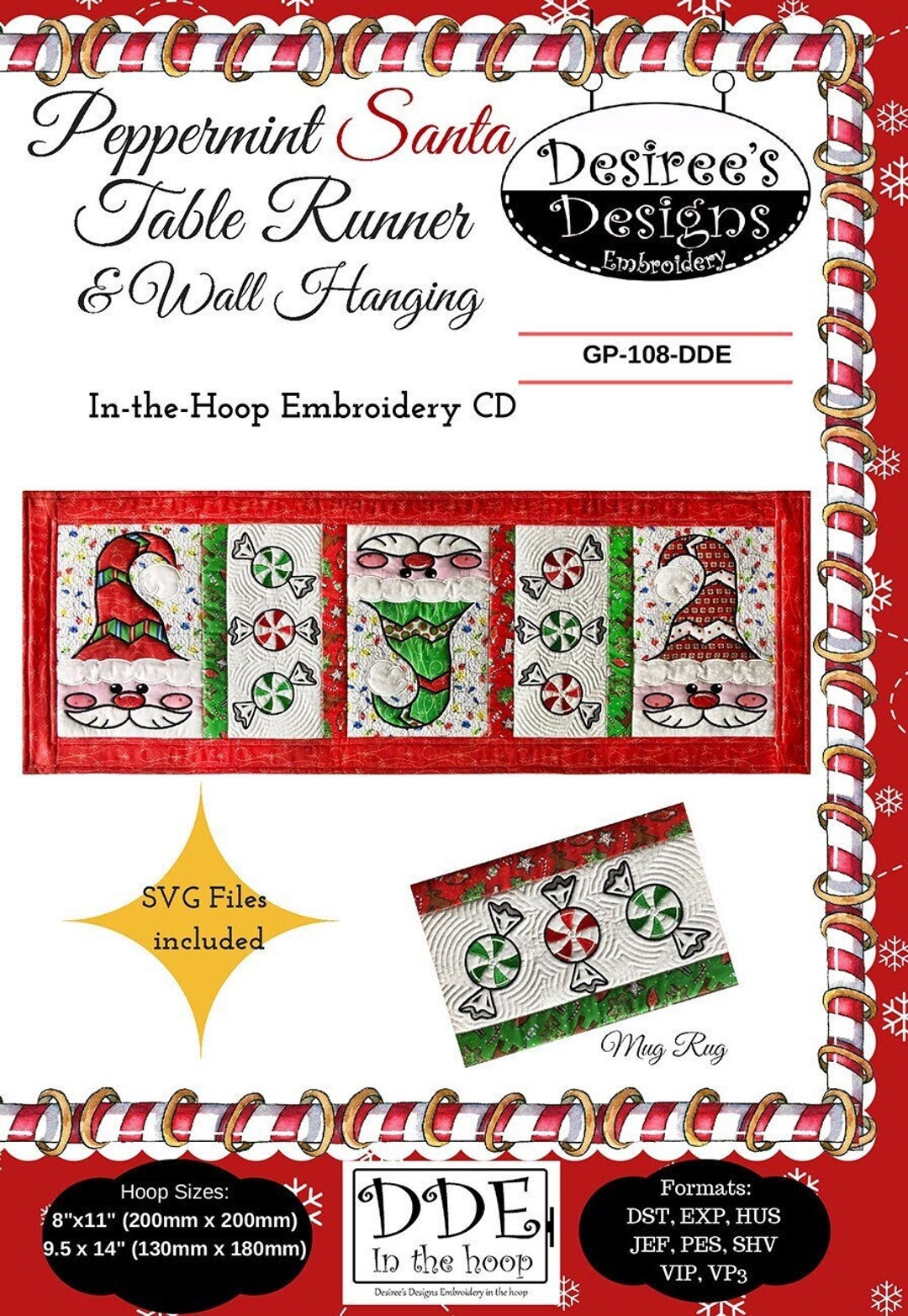Peppermint Santa Table Runner, Machine Embroidery CD, From Desiree's ...