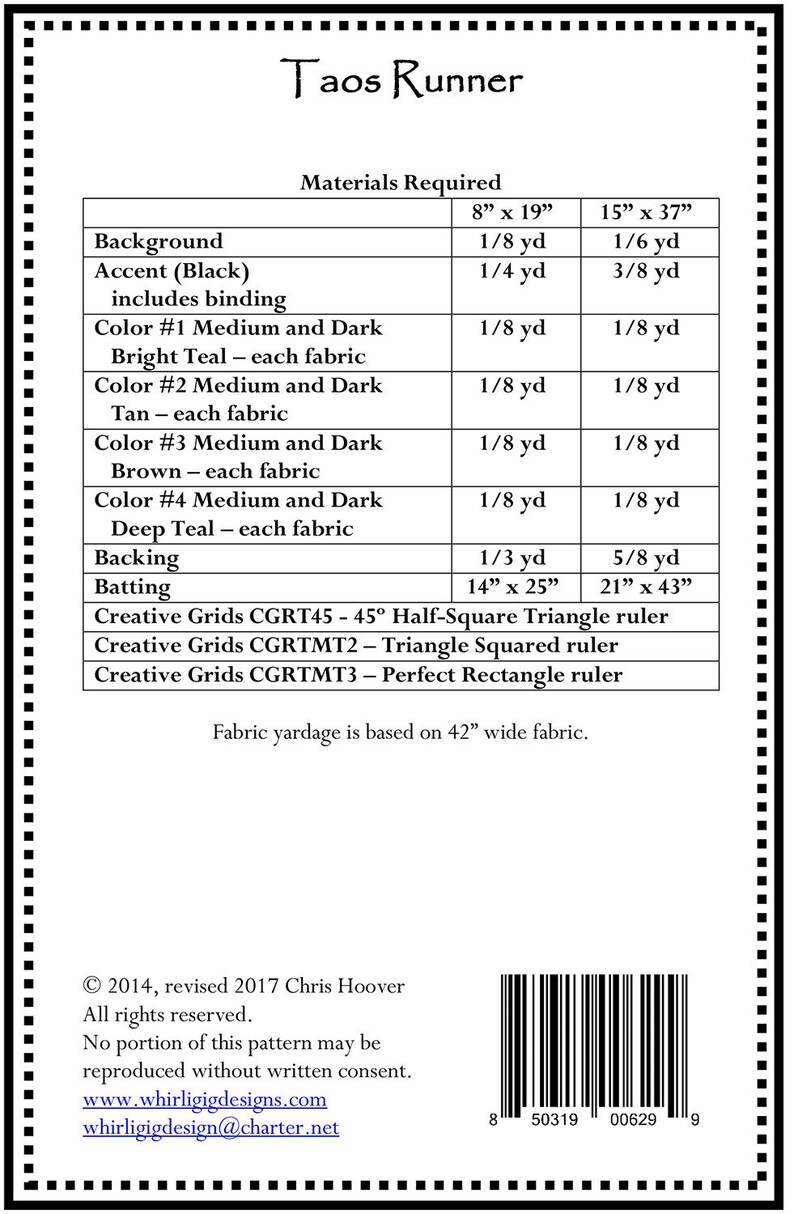 Taos Table Runner Quilting Pattern From Whirligig Designs BRAND NEW ...