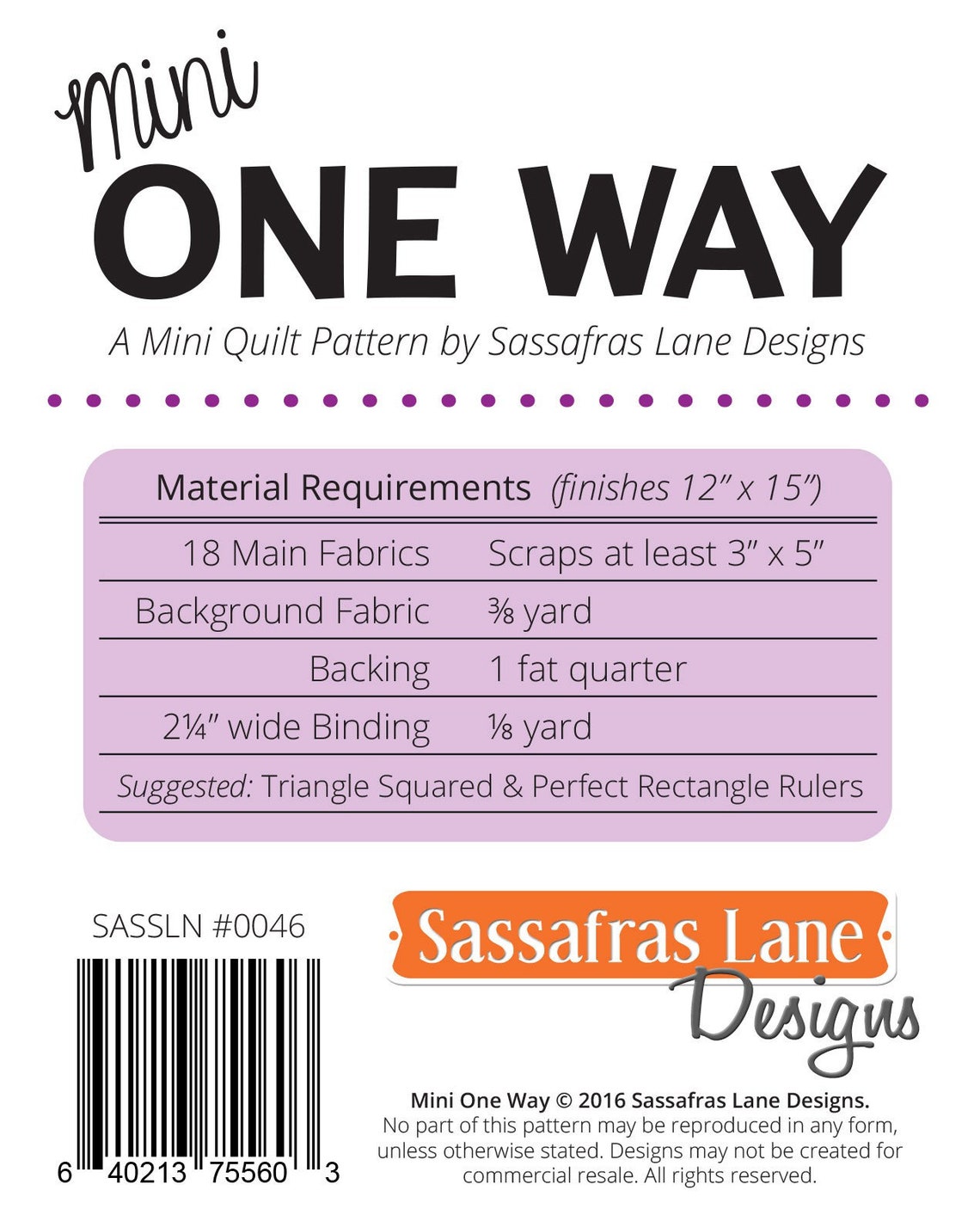 Mini One Way Quilt Quilting Pattern by Sassafras Lane Designs BRAND NEW ...