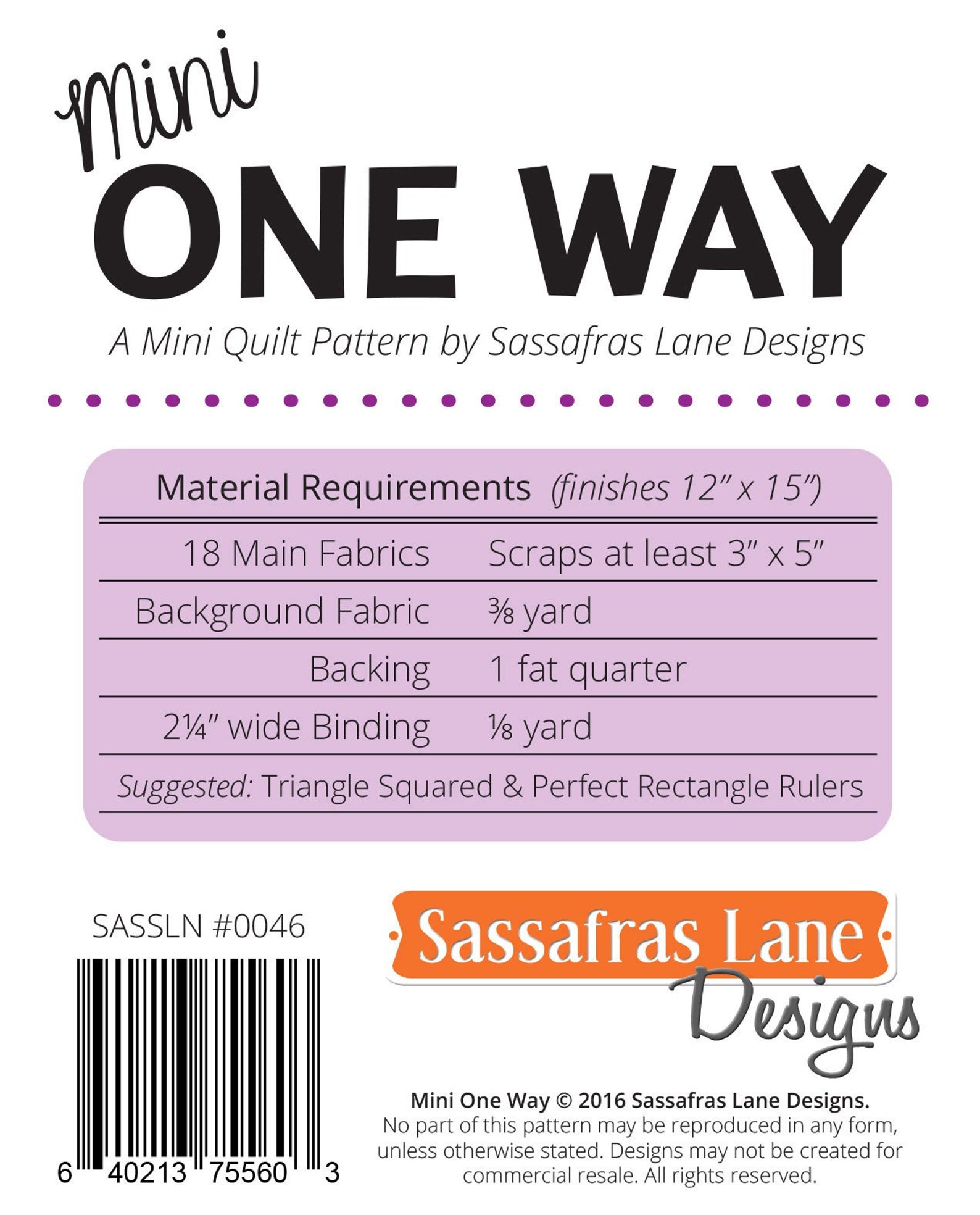 Mini One Way Quilt Quilting Pattern by Sassafras Lane Designs BRAND NEW ...