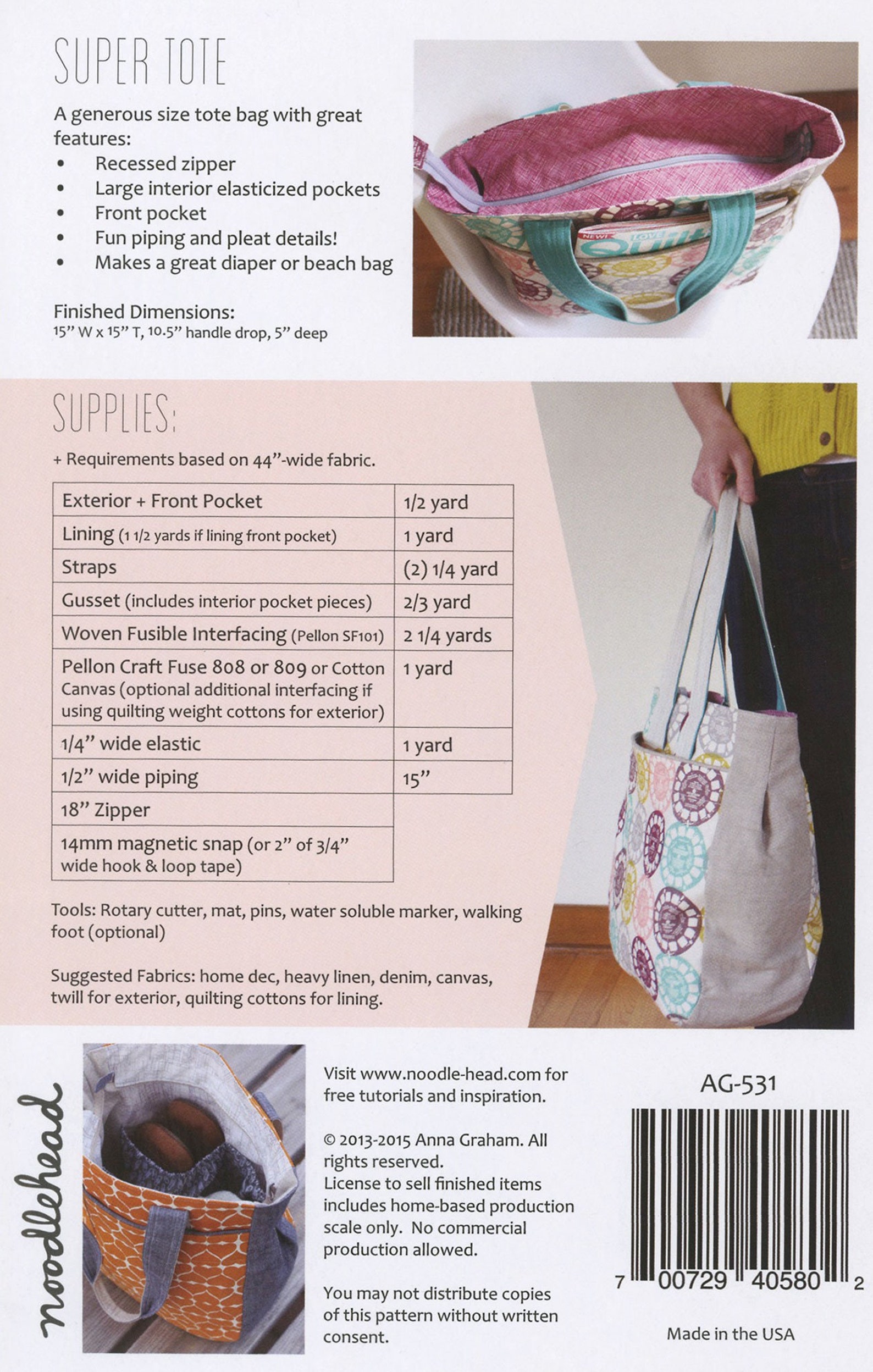 Super Tote Bag Purse Sewing Pattern From Noodlehead BRAND NEW - Etsy