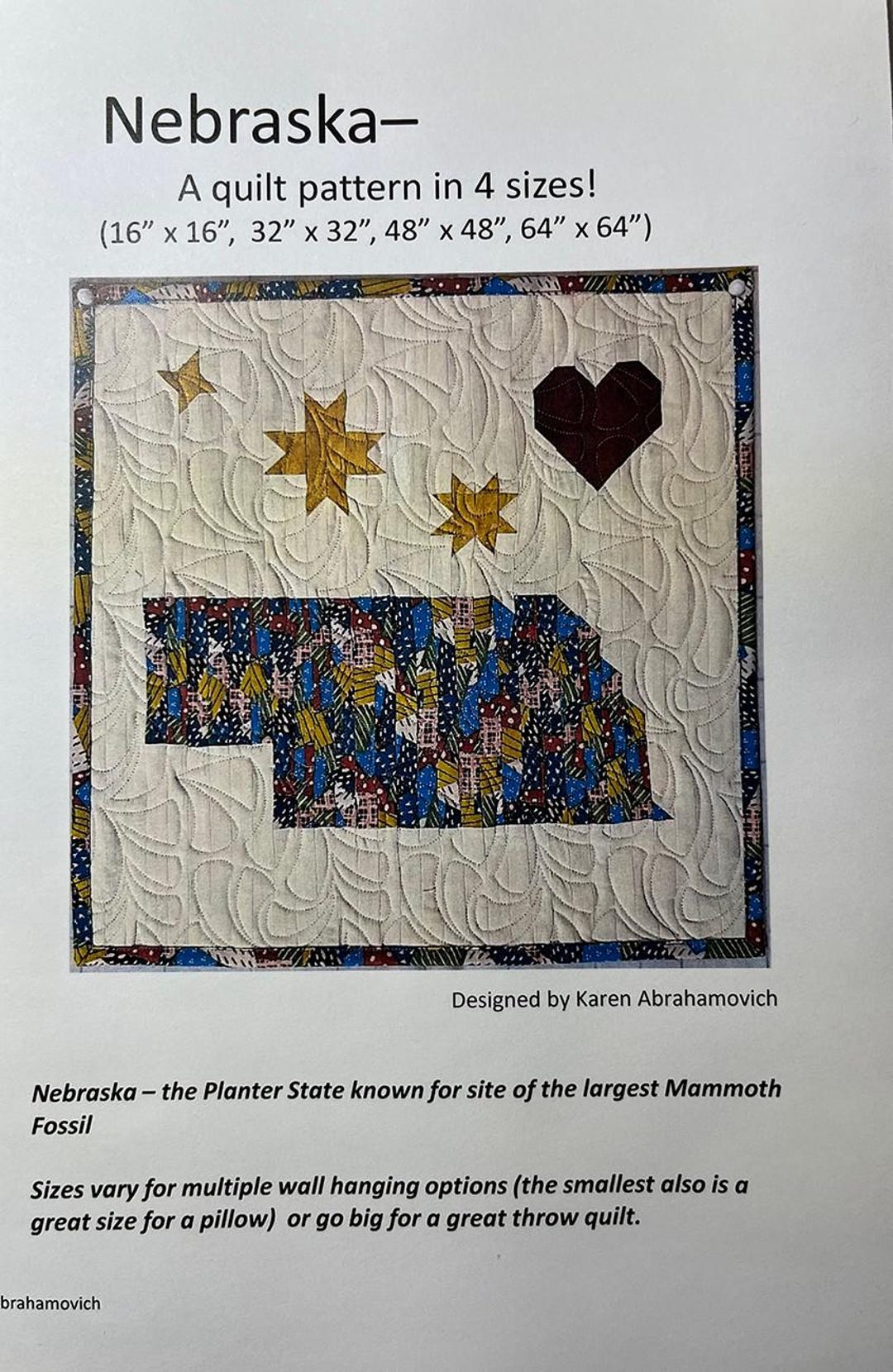 State of Nebraska Quilt Quilting Pattern From Karen Abrahamovich BRAND ...