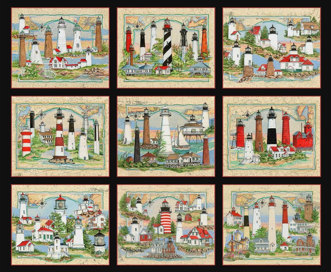 Lights of Hope Lighthouses Panel, 36 X 44 Inch, on Woven Cotton Fabric ...