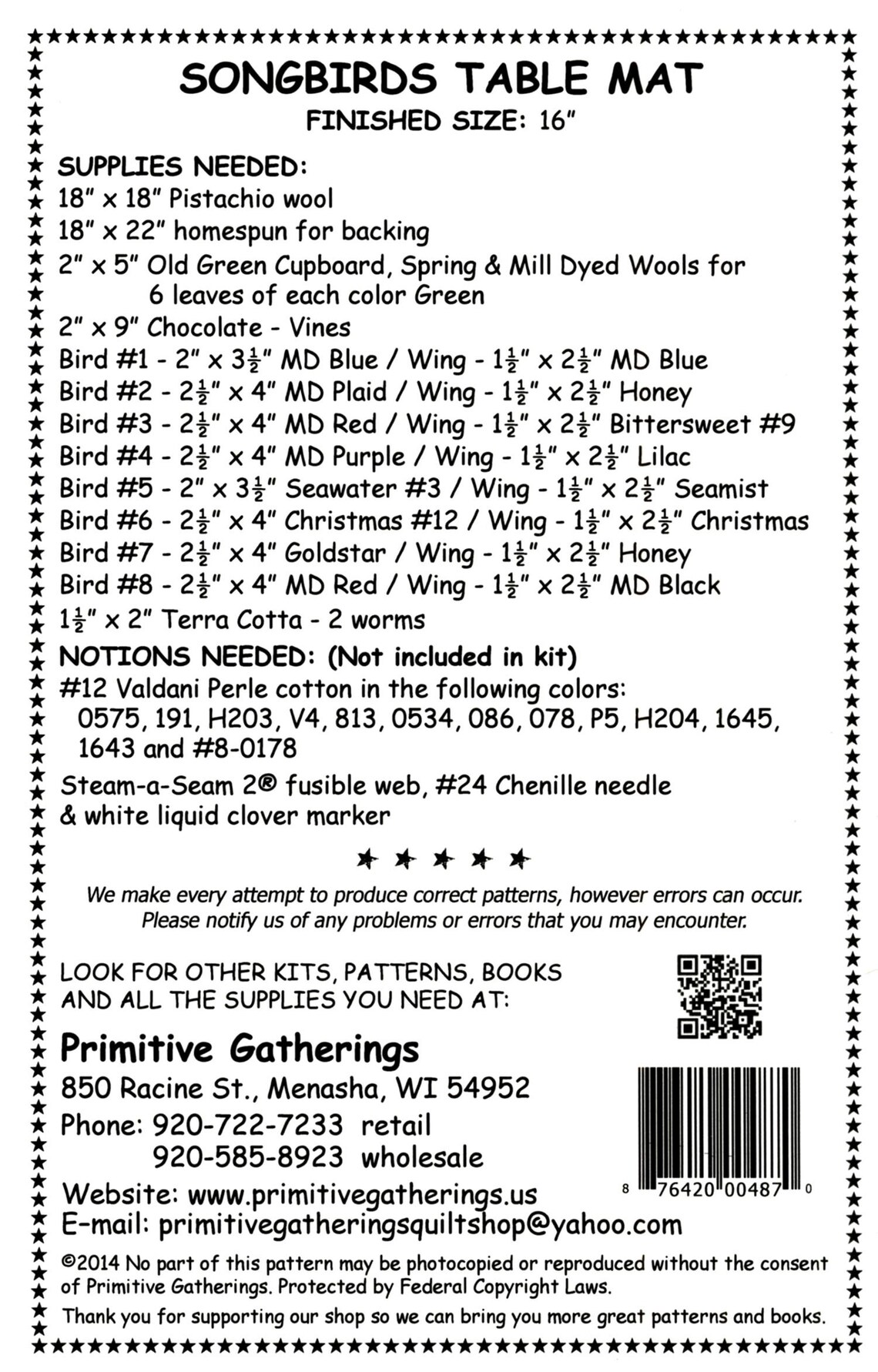 Songbird Table Mat Sewing Pattern, From Primitive Gatherings BRAND NEW ...