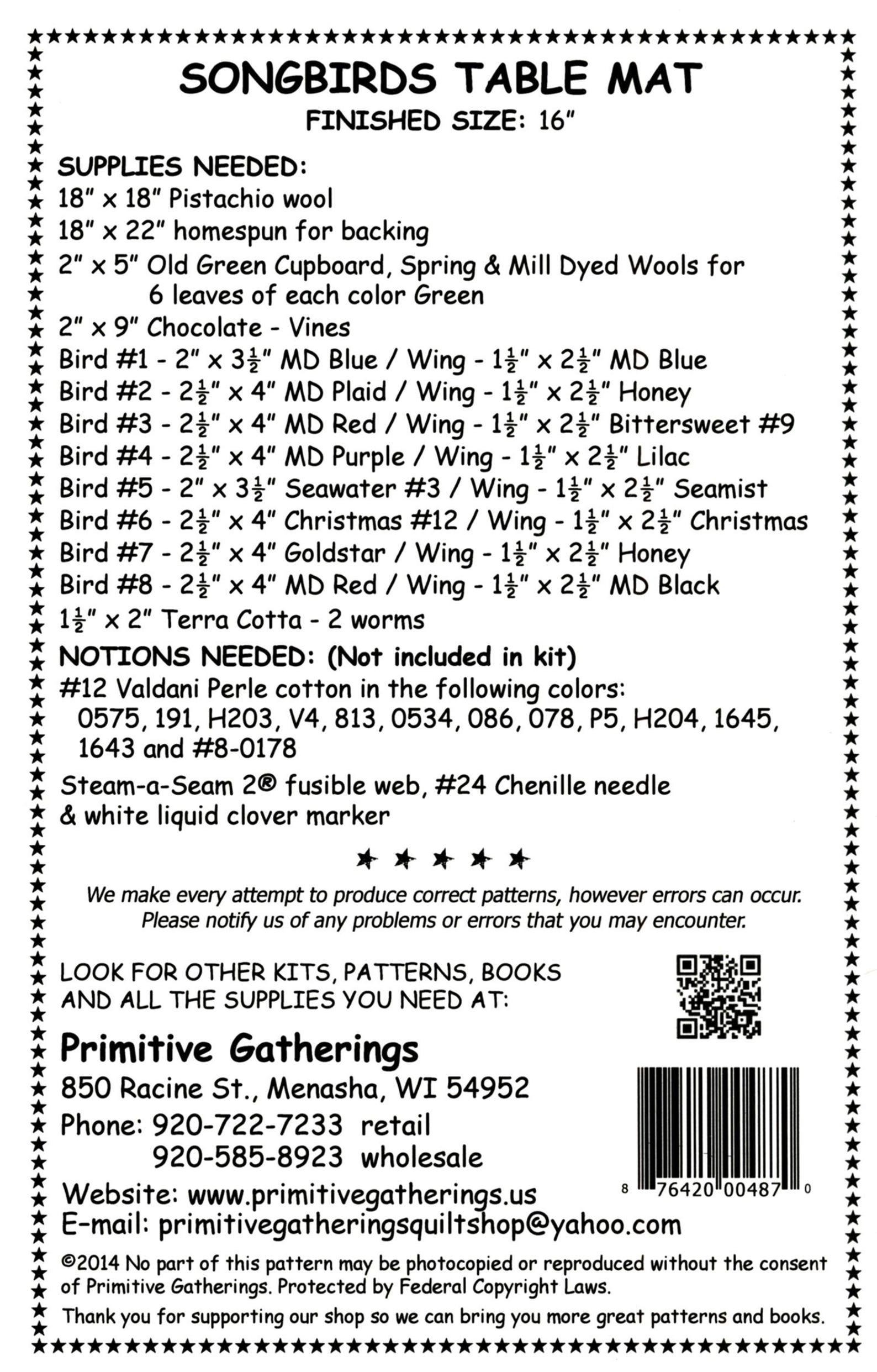 Songbird Table Mat Sewing Pattern, From Primitive Gatherings BRAND NEW ...