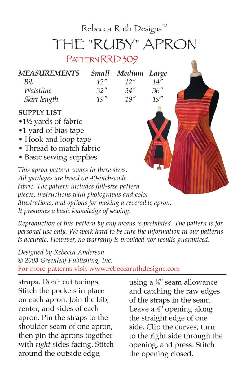 Ruby Apron Sewing Pattern From Rebecca Ruth Designs BRAND NEW - Etsy