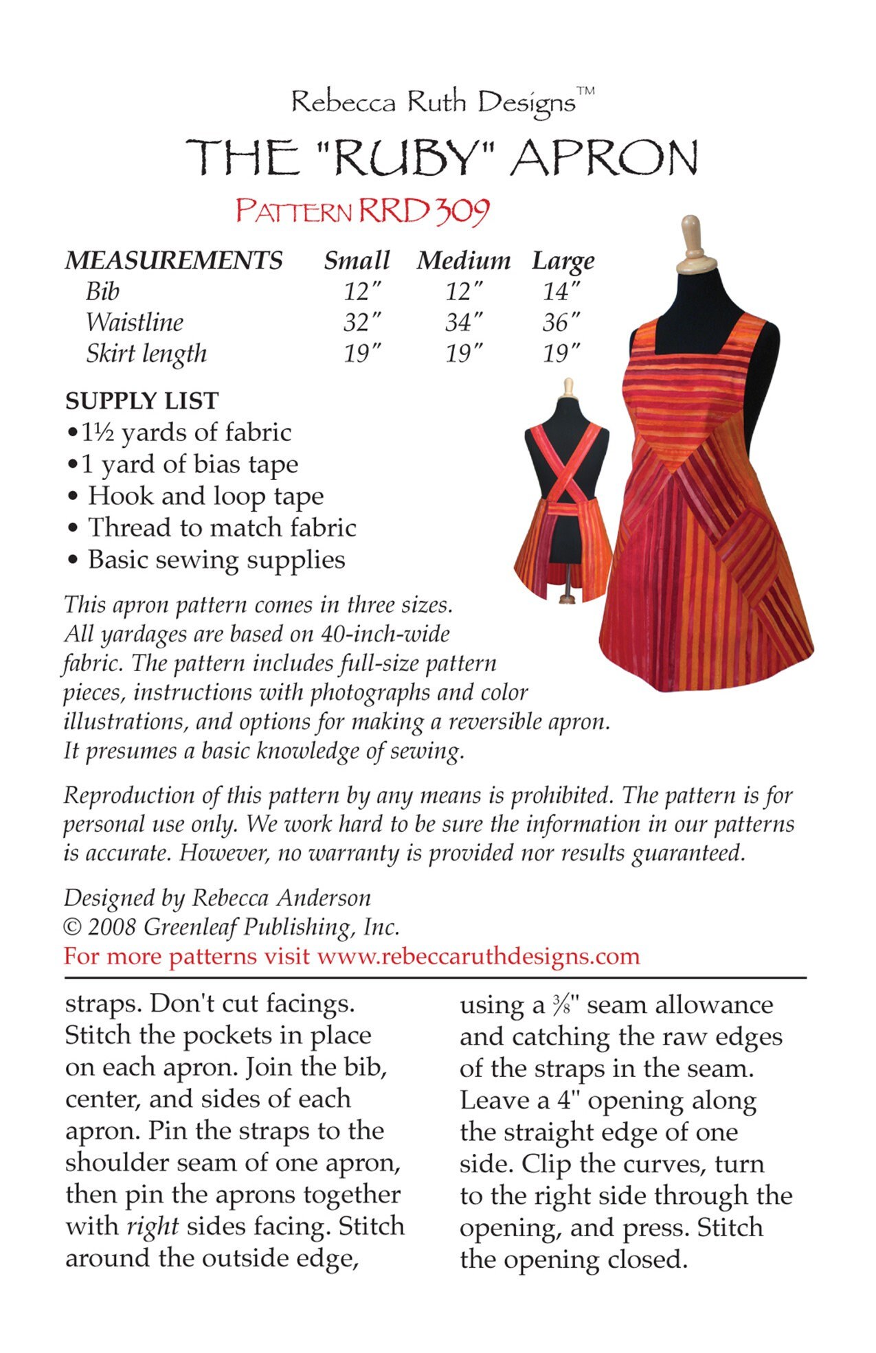 Ruby Apron Sewing Pattern From Rebecca Ruth Designs BRAND NEW, Please ...