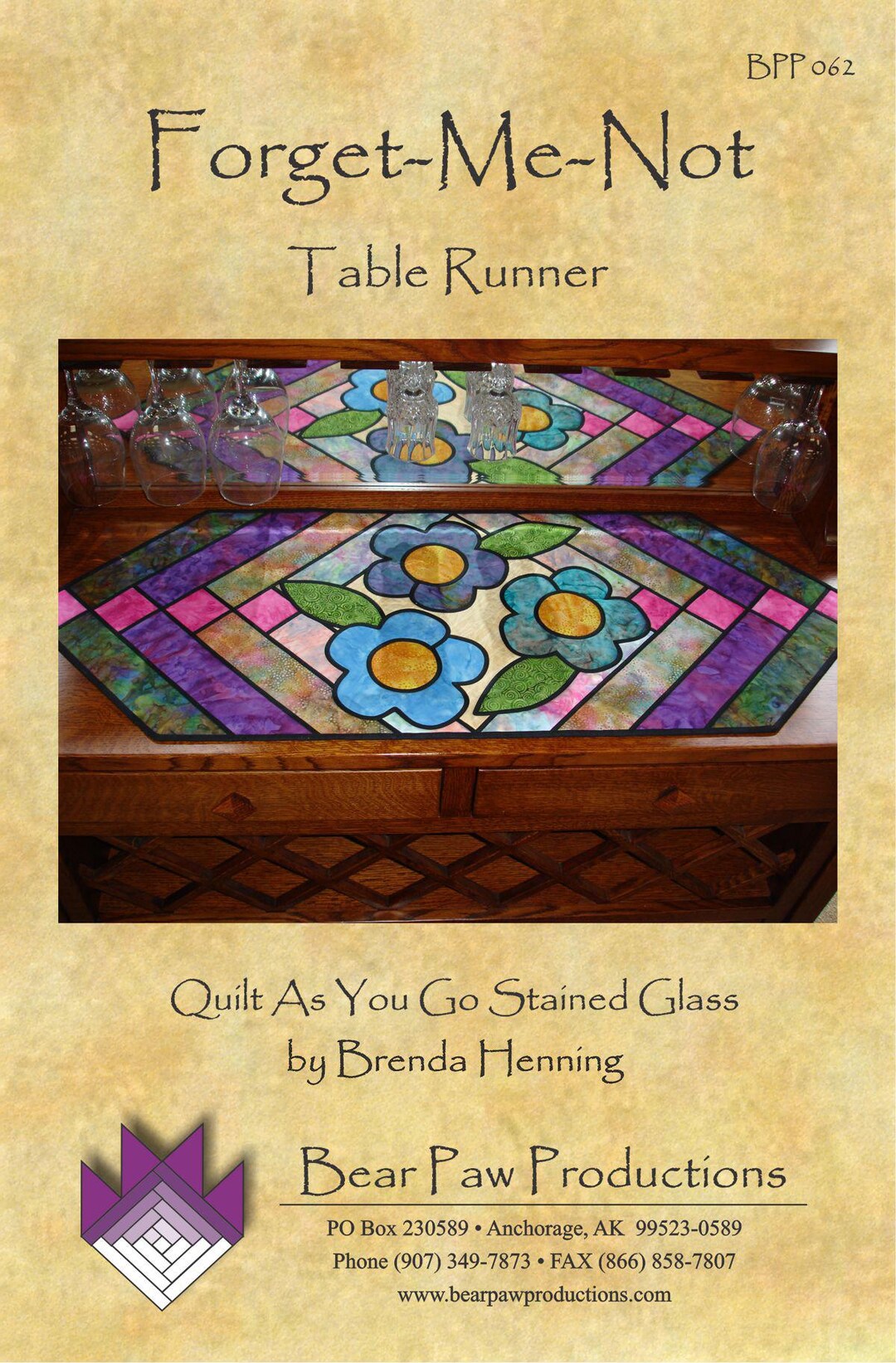 Stained Glass Forget Me Not Table Runner Quilting Pattern, From Bear ...