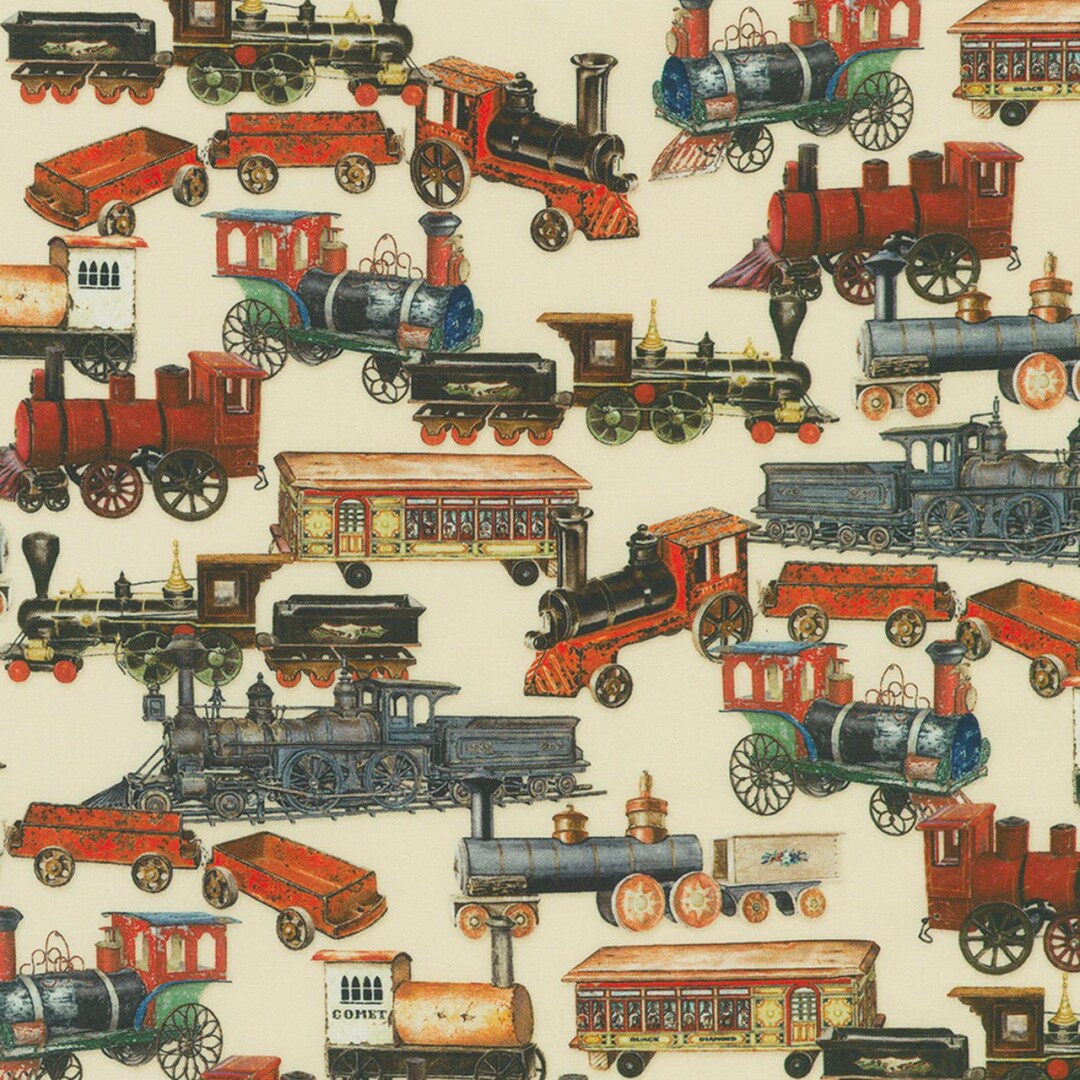 Vintage Antique Toy Trains on Cream Woven Cotton Fabric, Priced by the ...