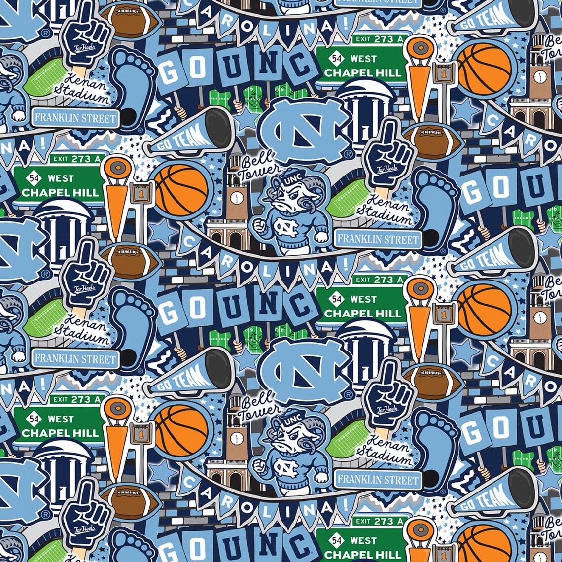 NCAA University of North Carolina Tar Heels Doodle Cotton Fabric ...