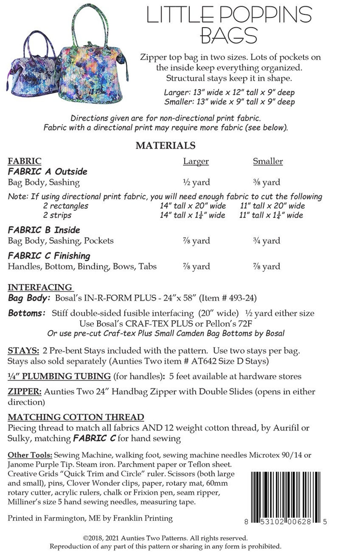 LITTLE POPPINS BAG Sewing Pattern Two Bendable Stays - Etsy