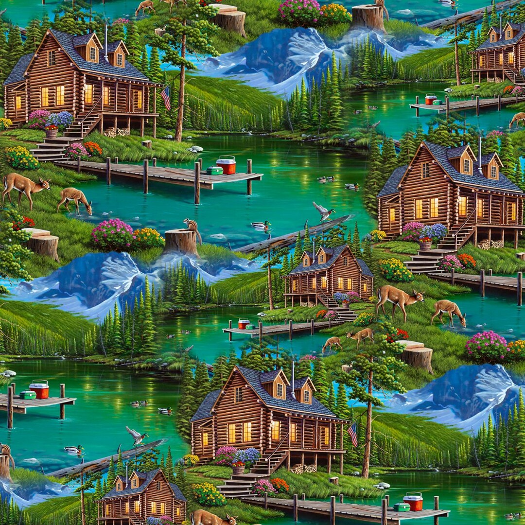 Harmony Rustic Log Cabins All Over on Woven Cotton Fabric, Sold by the ...