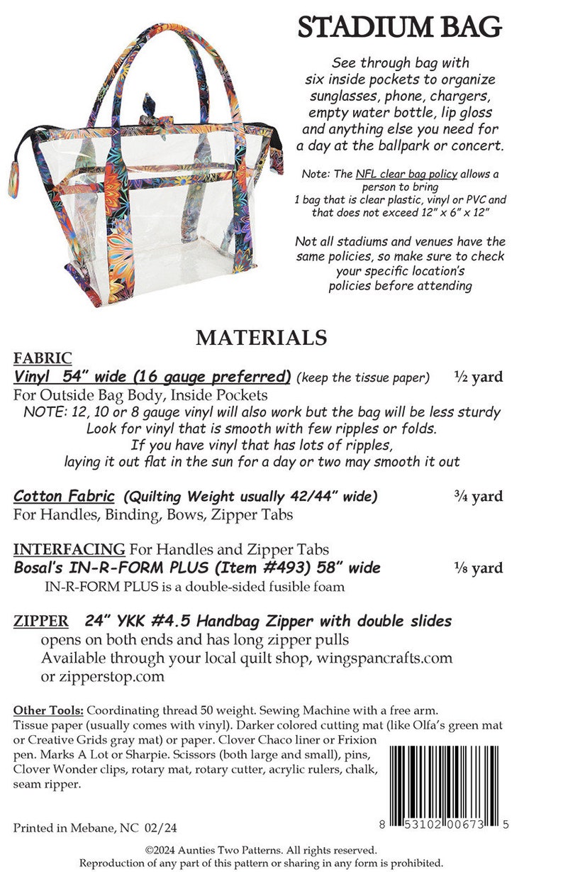 Stadium Bag, Sewing and Quilting Pattern, From Aunties Two Patterns ...