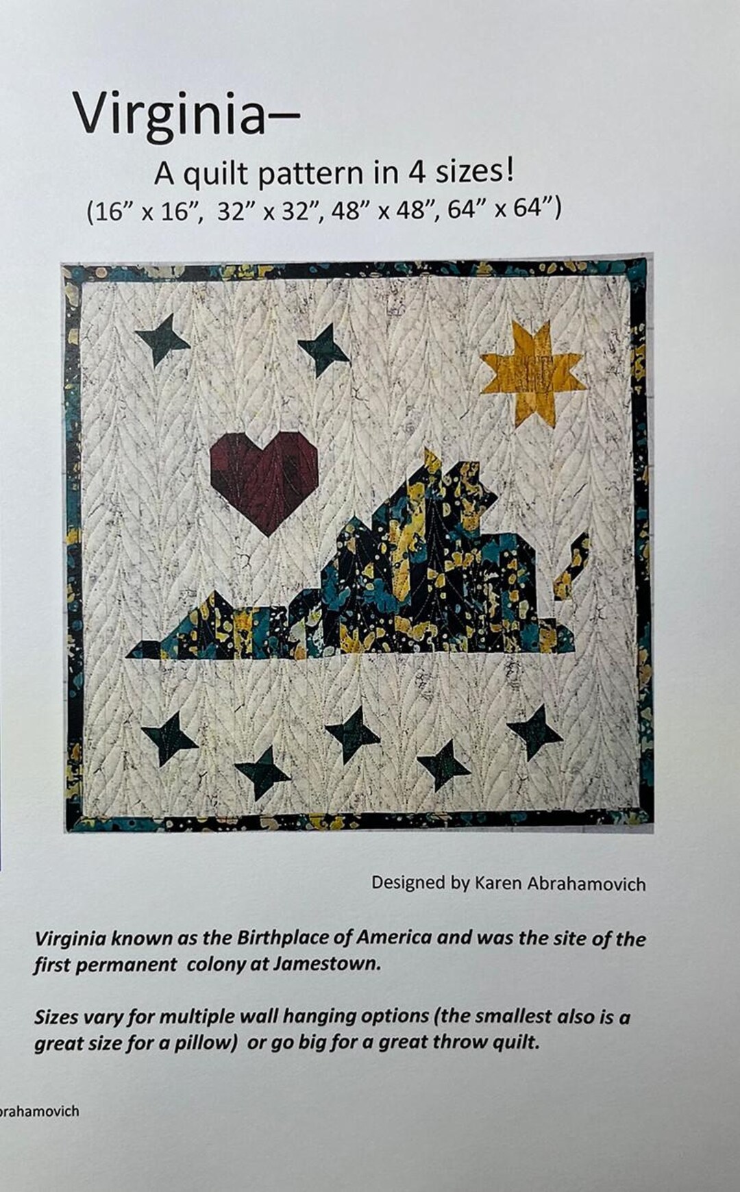 State of Virginia Quilt Quilting Pattern From Karen Abrahamovich BRAND ...
