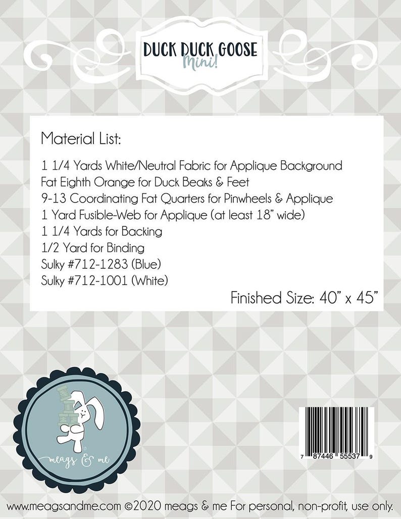 Duck Duck Goose - Mini Quilt Quilting and Embroidery Pattern From Meags ...