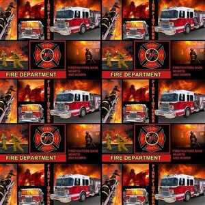Firefighter Block Patchwork on Black Cotton Fabric From Sykel ...