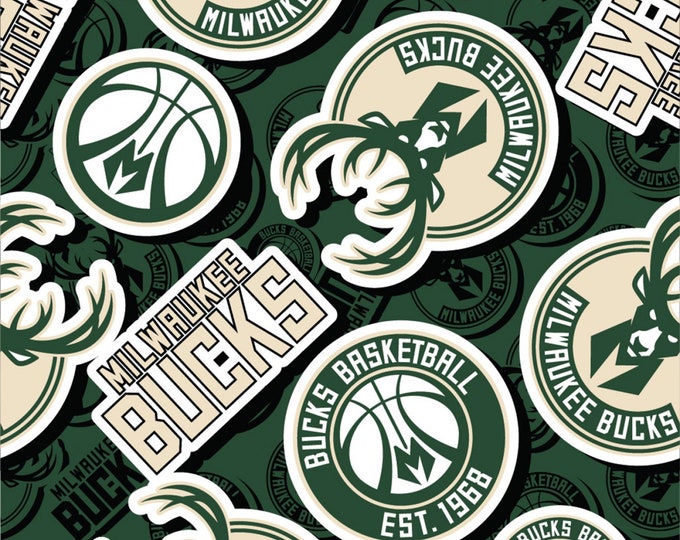 NBA Basketball Milwaukee Bucks Sticker Toss Woven Cotton Fabric Priced ...