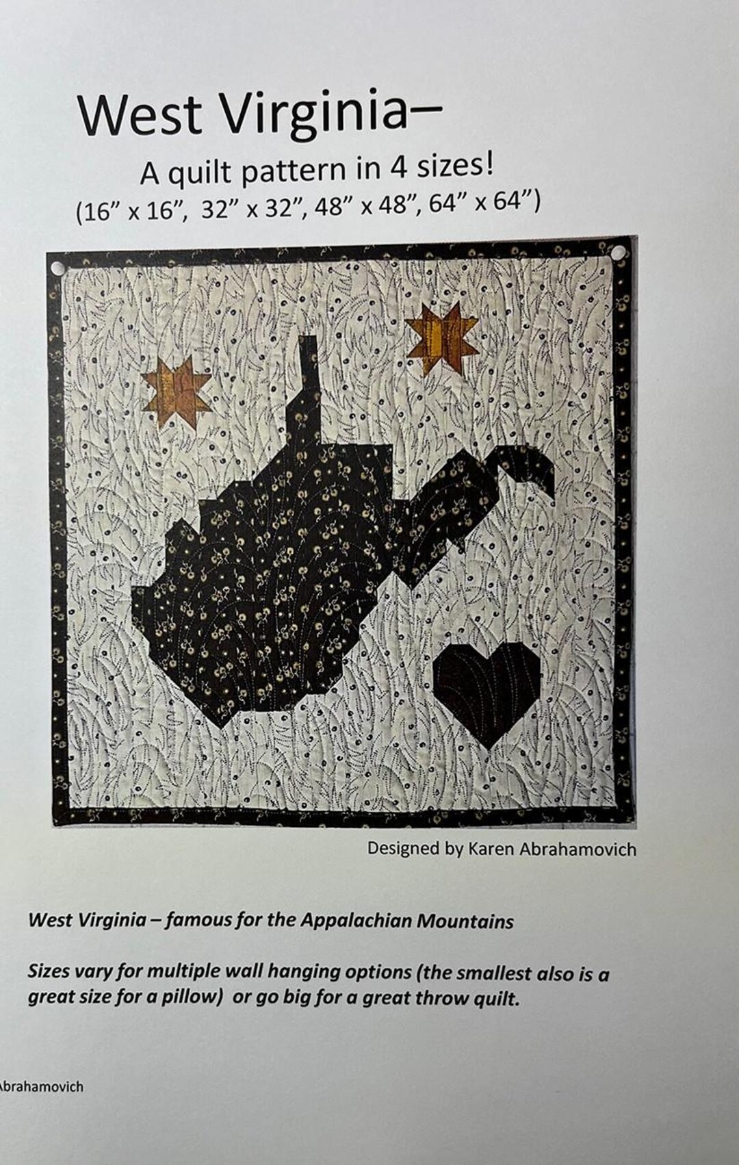 State of West Virginia Quilt Quilting Pattern From Karen Abrahamovich ...