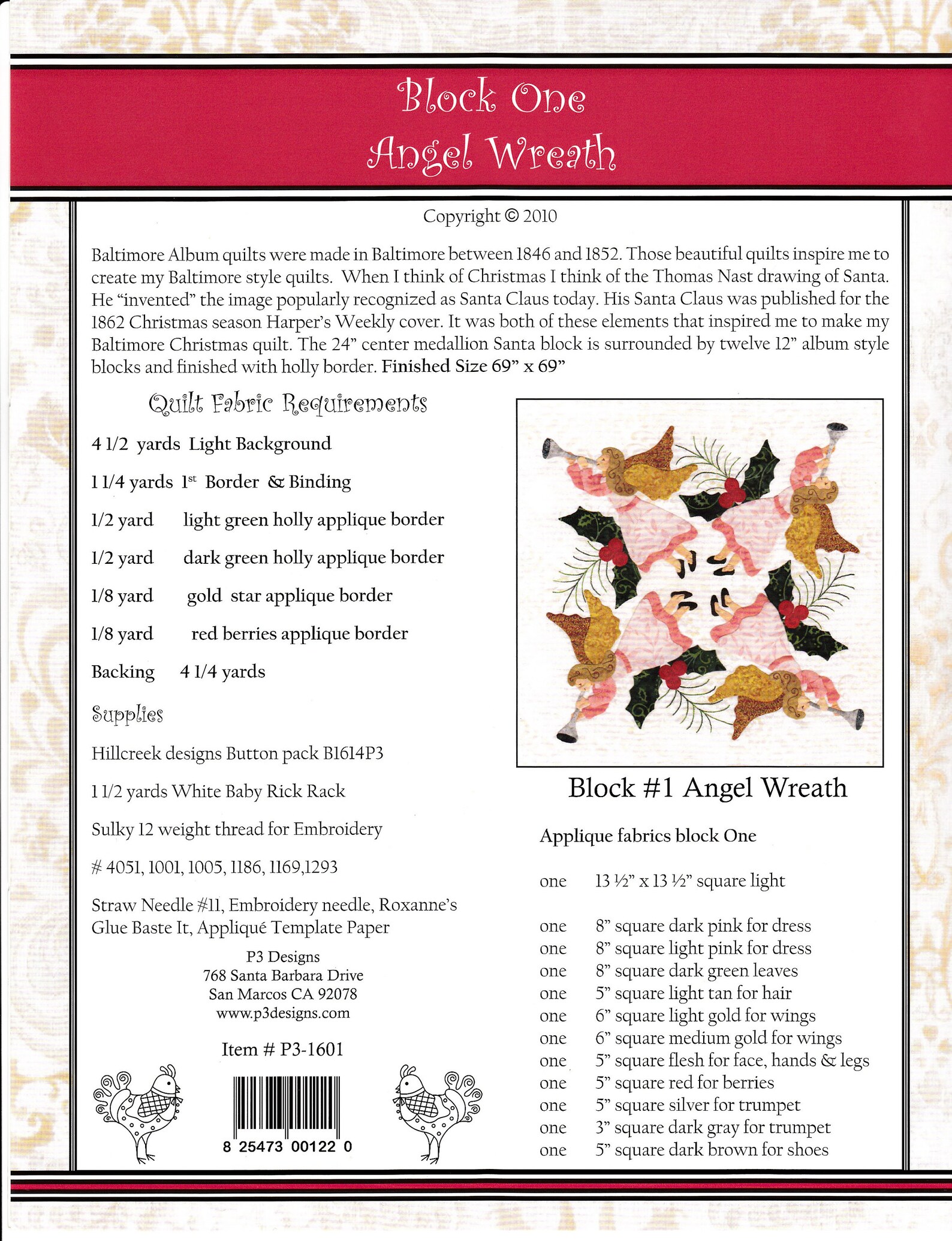 Baltimore Christmas BOM Applique Quilt Pattern From P3 Designs BRAND ...