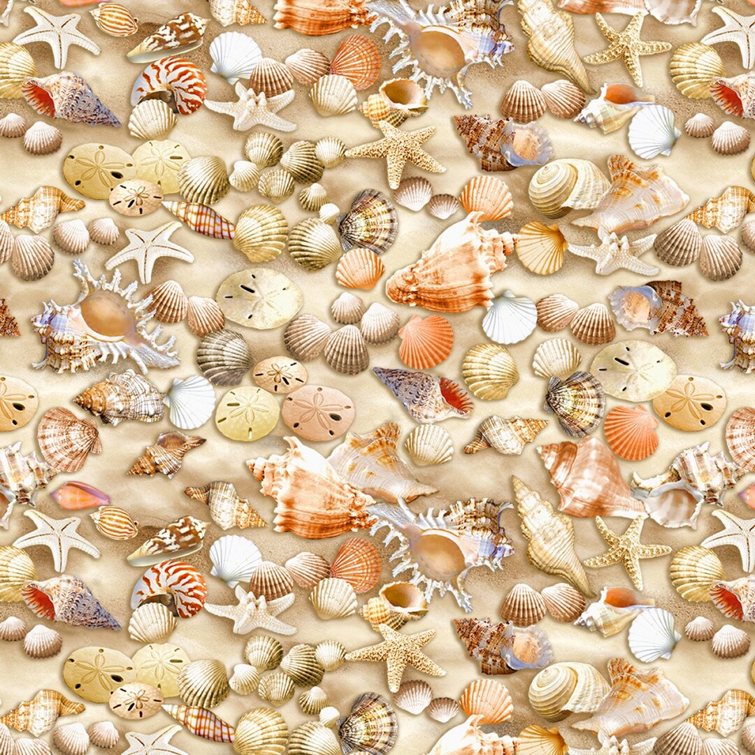 Beachcomber Seashells All Over on Woven Cotton Fabric Priced by the ...
