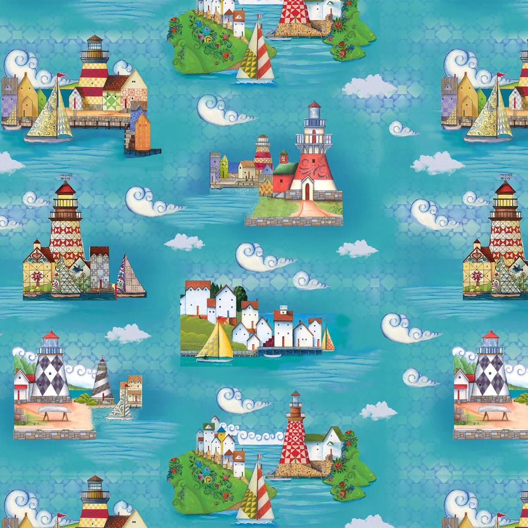 Jim Shore Turquoise Lighthouses on Woven Cotton Fabric, Priced by the ...