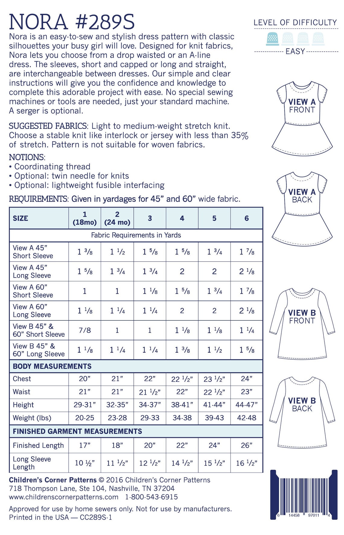 Stylish Nora Dress Sizes 1-6, Sewing Pattern From Children's Corner NEW ...
