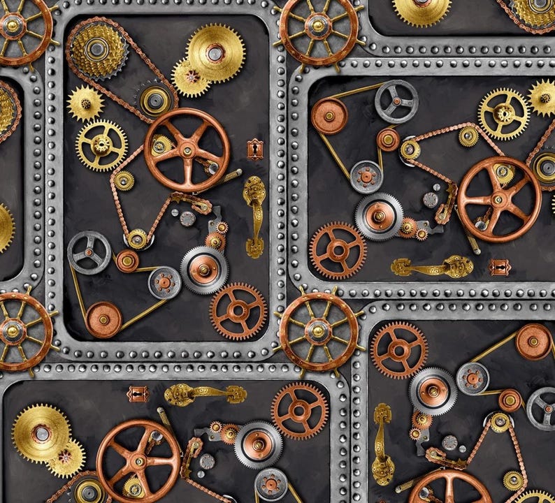 Steampunk Charcoal Cogs, Gears and Chains on Woven Cotton Fabric ...
