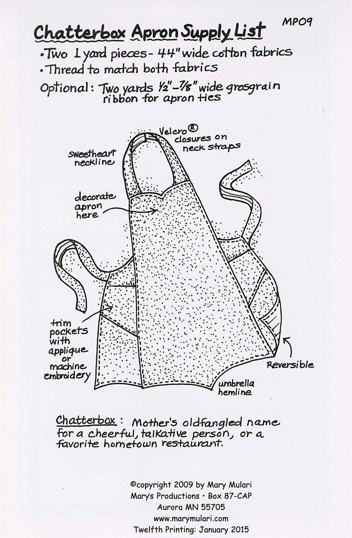 Chatterbox Apron Sewing Pattern, From Mary Mulari Designs Productions ...