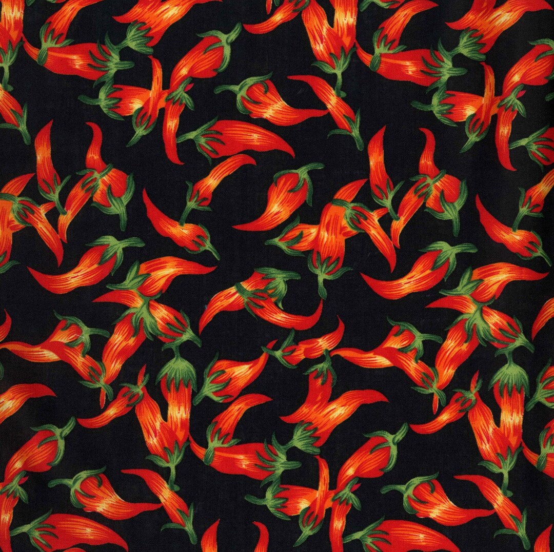 Red Chili Peppers All Over on Black Cotton Woven Fabric Material Priced ...
