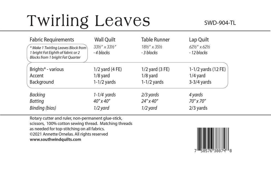 Twirling Leaves Quilt Quilting Pattern From Southwind Designs BRAND NEW ...