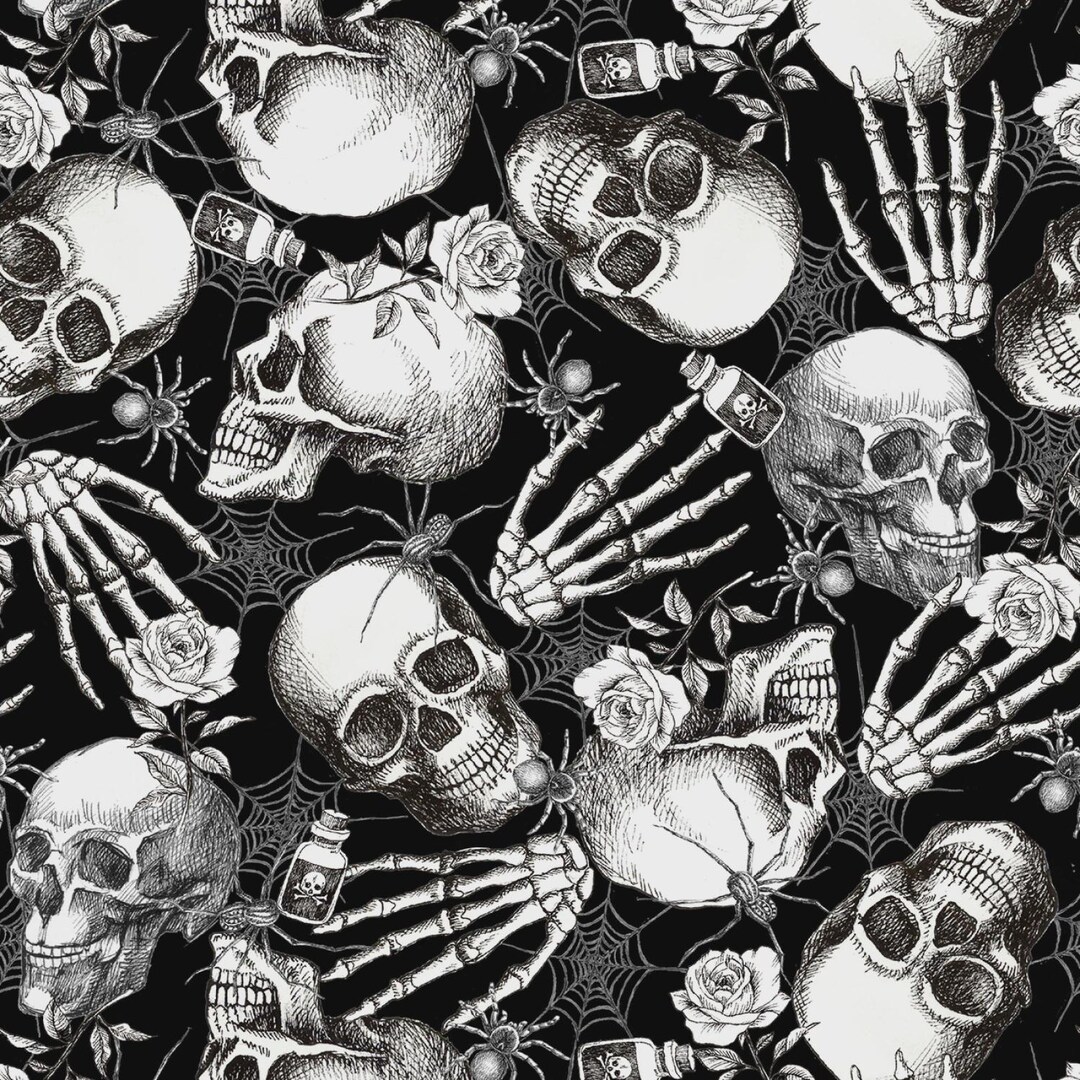 Skulls and Skeleton Hands on Black Woven Cotton Fabric, From Studio E ...