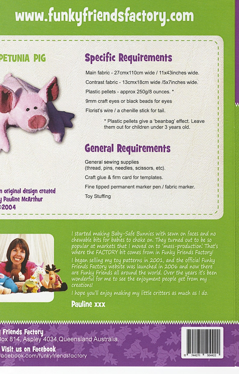 Petunia Pig Plush Toy Sewing Pattern From Funky Friends Factory NEW ...