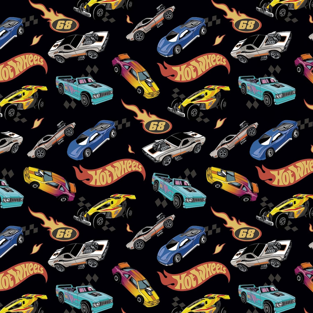 Hot Wheels Made to Race Cars on Black Woven Cotton Fabric Priced by the ...