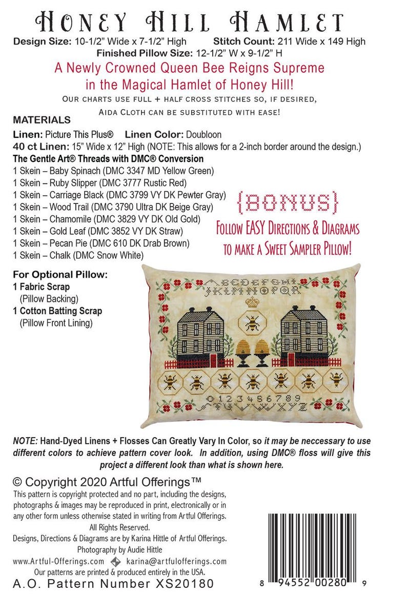 Honey Hill Hamlet Sampler Cross Stitch Pattern, From Artful Offerings ...