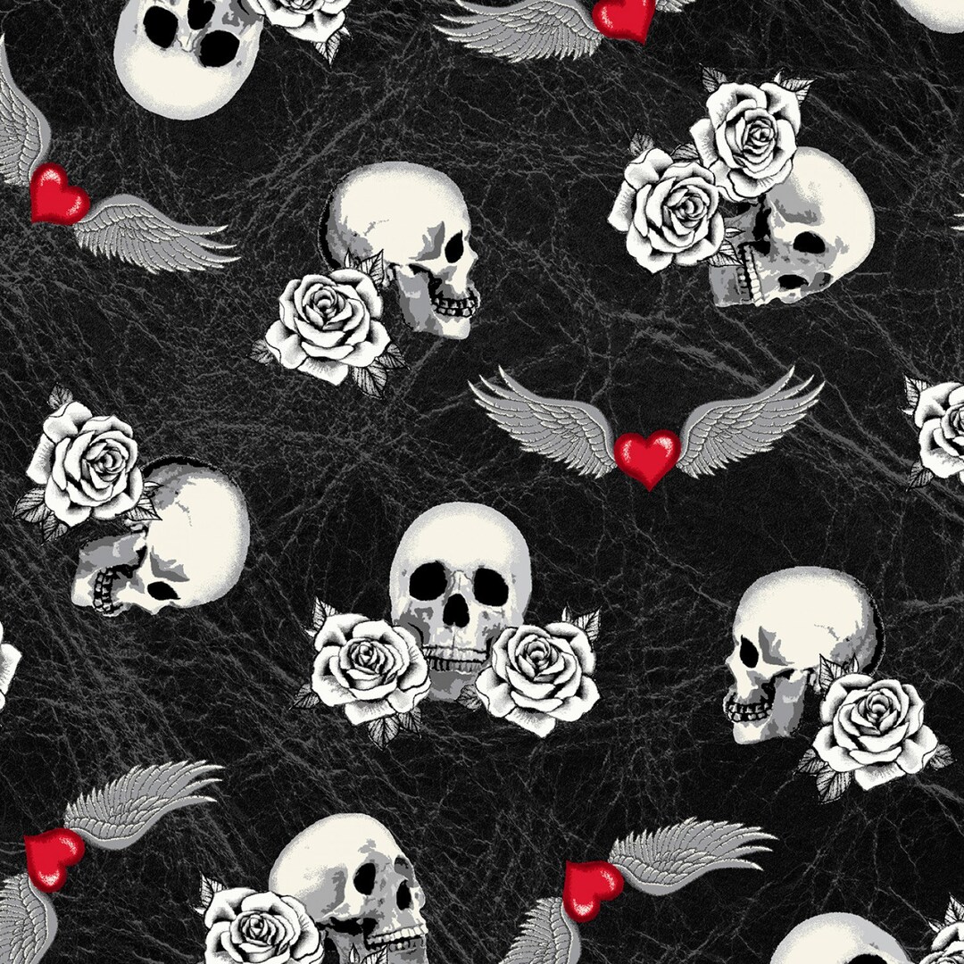Born to Ride Skulls, Roses and Hearts on Black Cotton Fabric, From ...