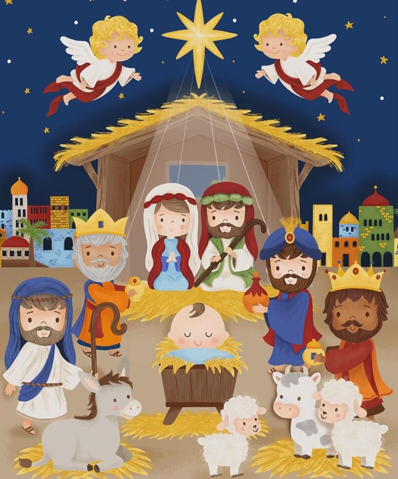 Animated Nativity Christmas Panel on Woven Cotton Fabric, Priced by the ...