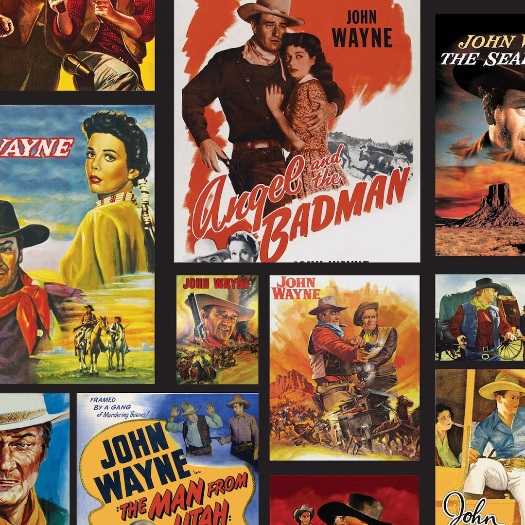 John Wayne Vintage Movie Posters All Over on Black Cotton Fabric Priced ...