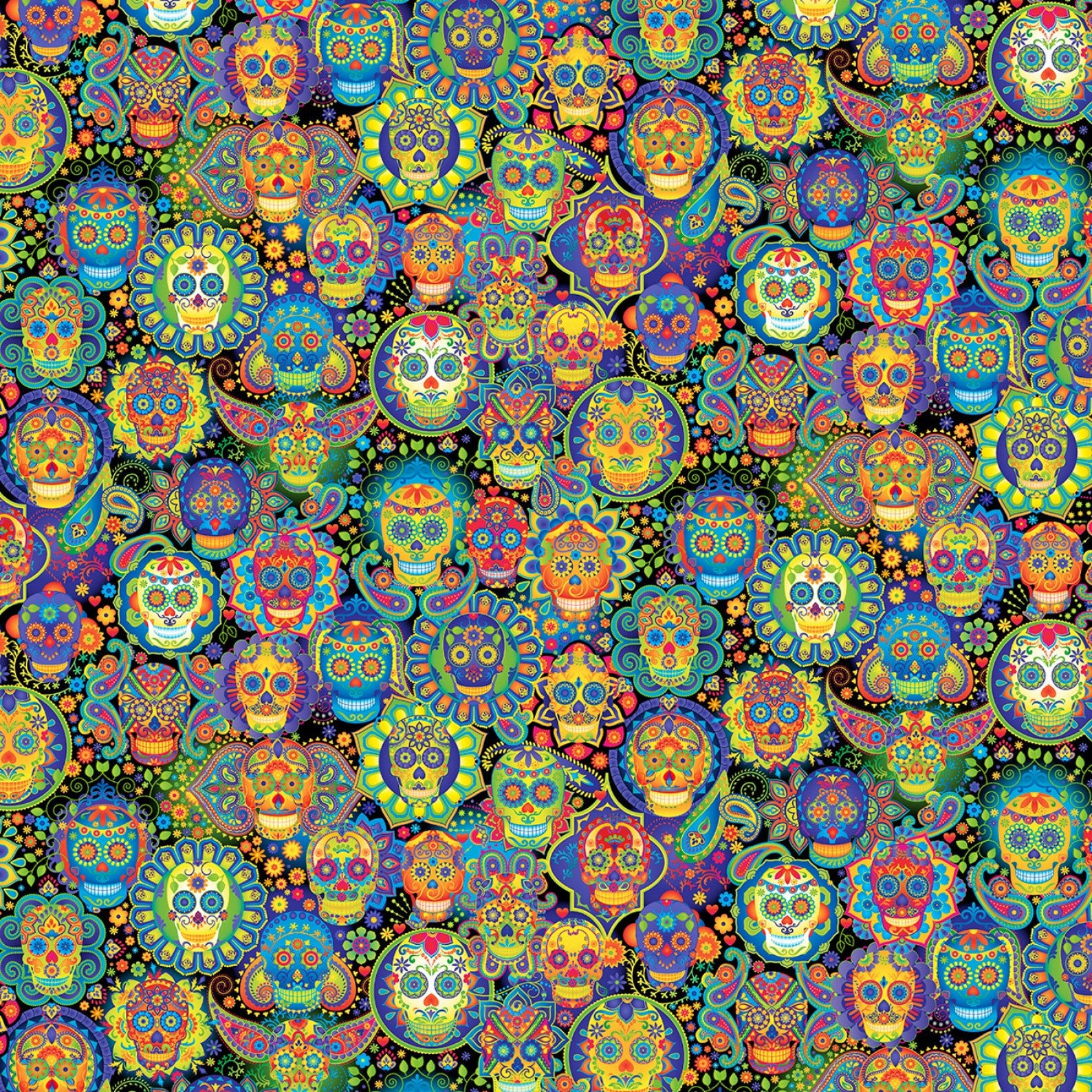 Multi-colored Sugar Skulls All Over on Black Cotton Fabric - Etsy