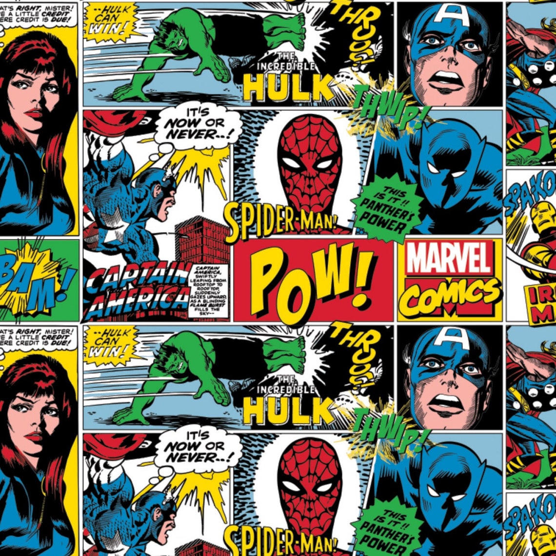 Marvel Avengers Comic Squares Thor, Hulk, Spider-man Cotton FLANNEL ...
